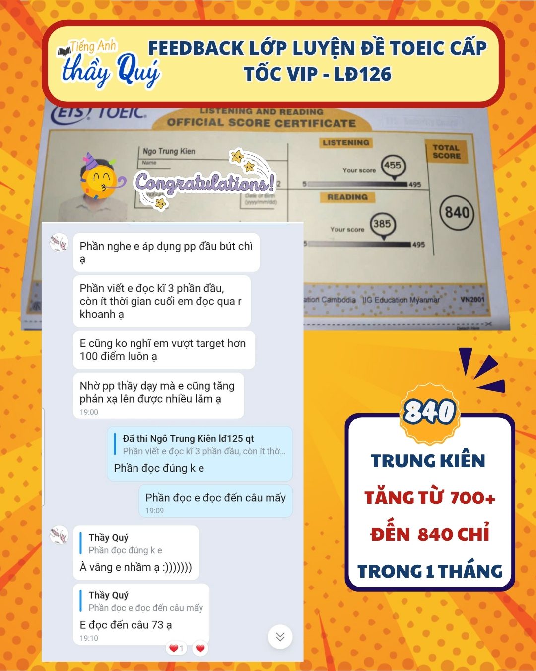 Trung Kiên lớp luyện đề TOEIC cấp tốc VIP LĐ126 xuất sắc nâng điểm từ 700+ lên 840 chỉ trong 1 ...